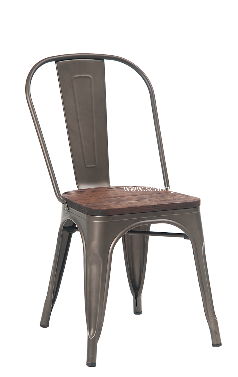 Indoor Steel Chair in Gun Color Coating, Elmwood Seat