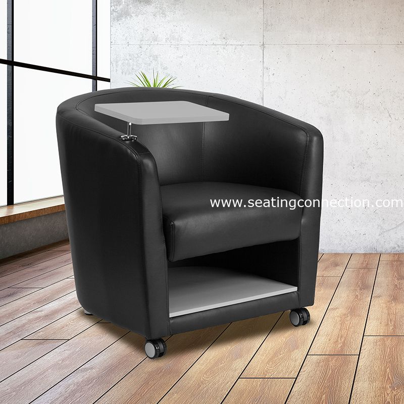 Black LeatherSoft Guest Chair with Tablet Arm, Front Wheel Casters and ...