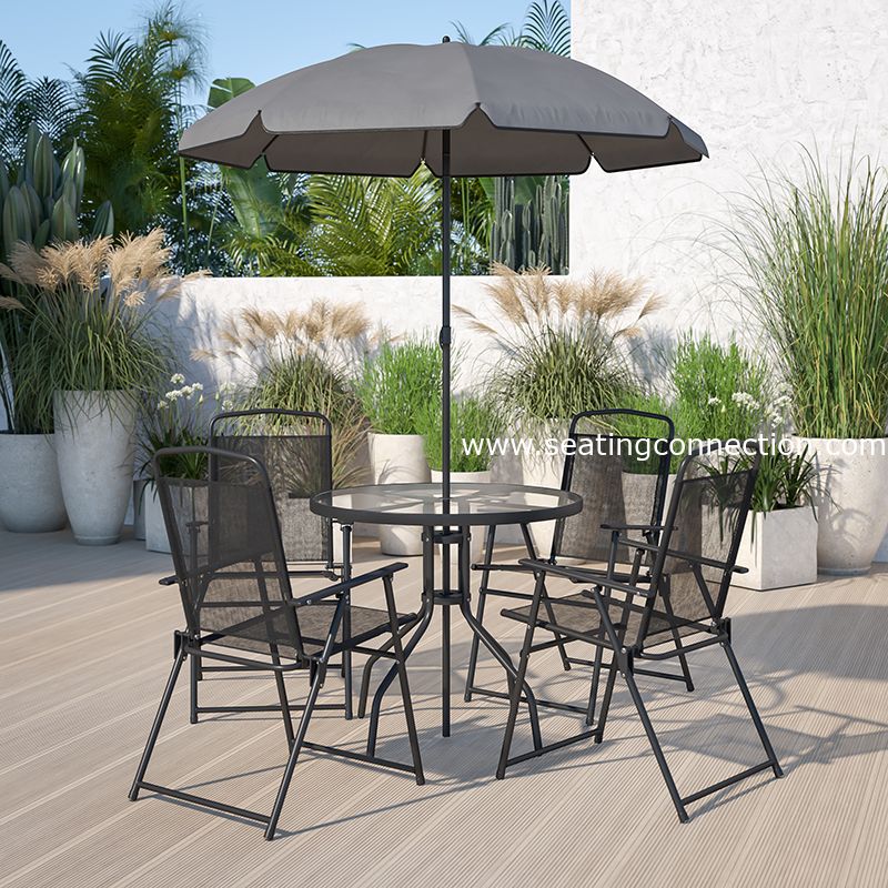 Nantucket 6 Piece Patio Garden Set with Table Umbrella and 4 Folding Chairs Black