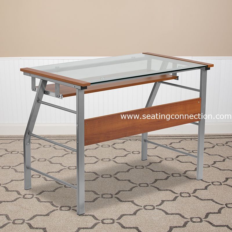 Glass Computer Desk with Pull-Out Keyboard Tray and Bowed Front Frame