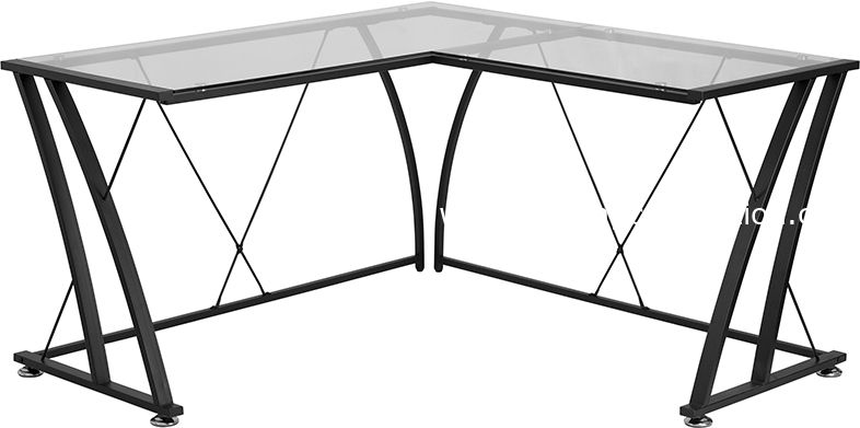 Glass L-Shape Computer Desk with Black Metal Frame